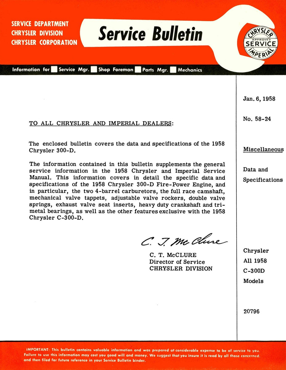 1958 Chrysler 300-D Service Bulletin – Jackson Automotive Products