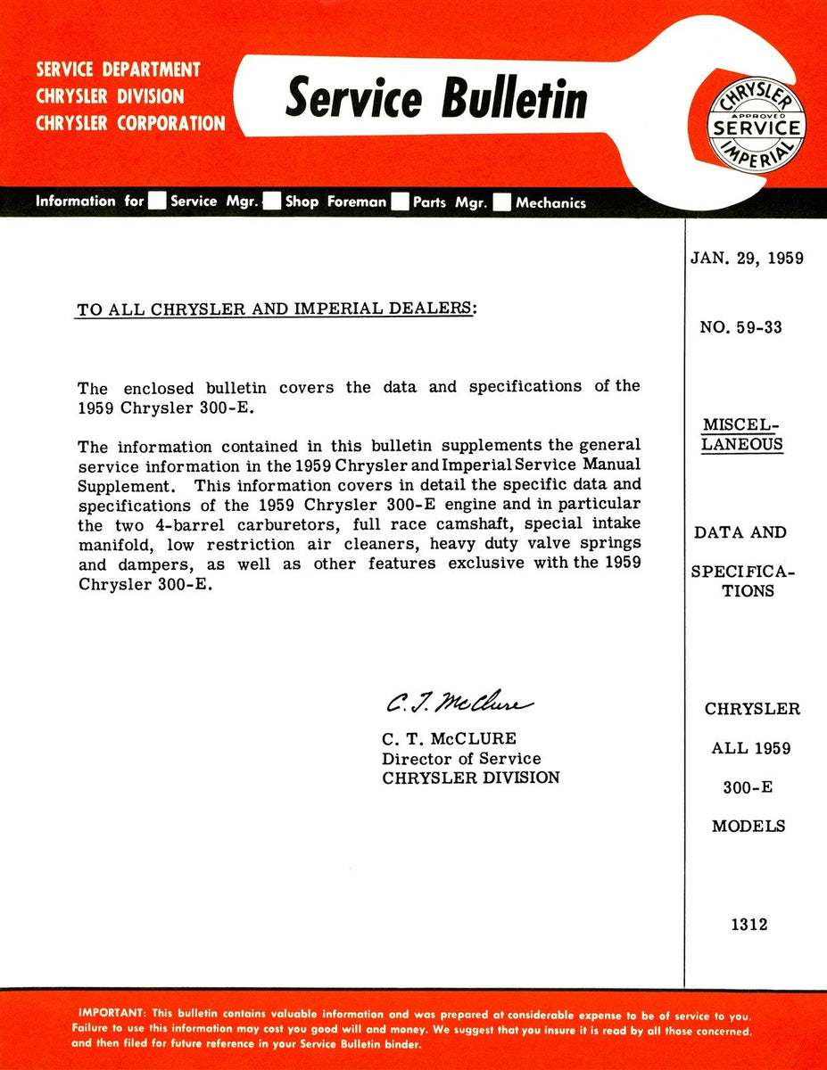 1959 Chrysler 300-E Service Bulletin – Jackson Automotive Products