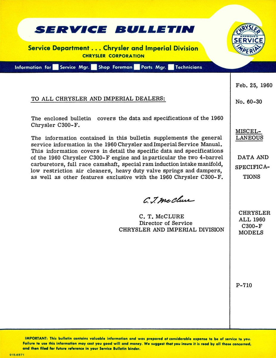 1960 Chrysler C300-F Service Bulletin – Jackson Automotive Products