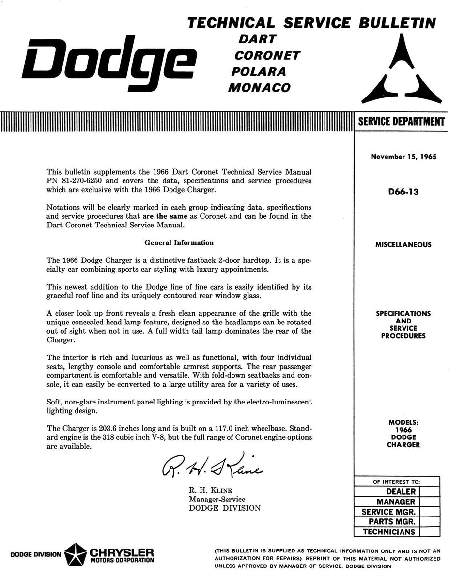 1966 Dodge Charger Service Bulletin – Jackson Automotive Products
